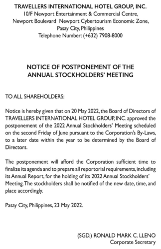 Notice of Postponement of the Annual Stockholders Meeting - Travellers ...